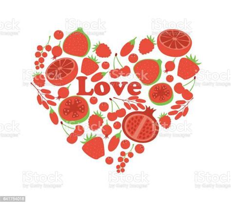 붉은 과일 베리 심장 사랑입니다 철저 한 채식 주의자 채식 다이어트 메뉴 에코 자연 음식입니다 석류 크랜베리 매 발톱 나무 구아바 벡터 아이콘 세트 과일에 대한 스톡 벡터