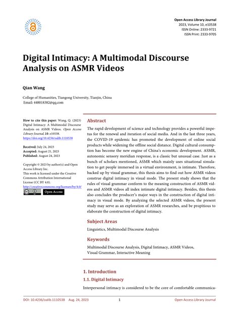 Pdf Digital Intimacy A Multimodal Discourse Analysis On Asmr Videos