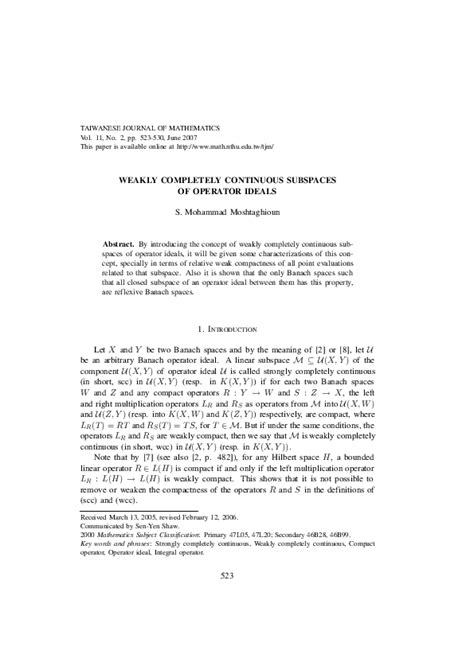 Pdf Weakly Completely Continuous Subspaces Of Operator Ideals Mohammad Moshtaghioun