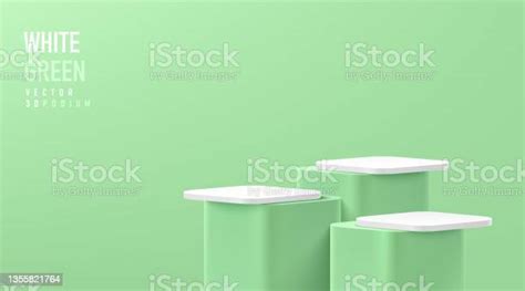 현실적인 3d 흰색과 녹색 둥근 모서리 큐브 받침대 또는 연단서 벡터 추상 스튜디오 룸 기하학적 플랫폼 디자인 화장품 쇼케이스 프로모션 디스플레이를 위한 최소한의 벽 장면