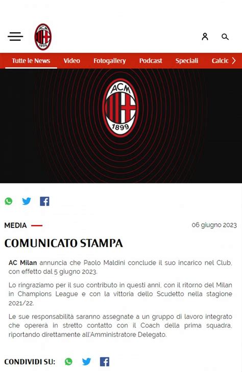 Dopo Il Divorzio Con Paolo Maldini Il Milan Saluta Ufficialmente Anche