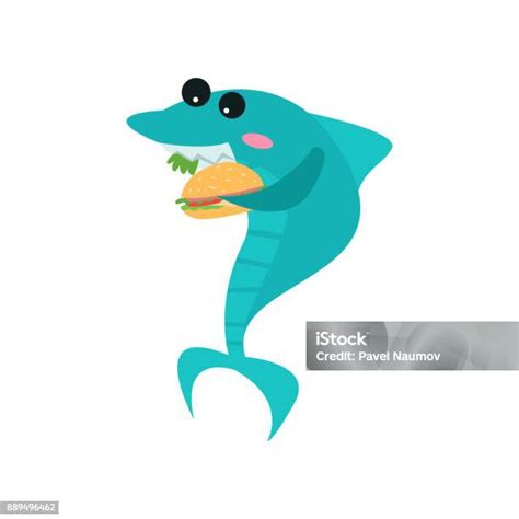 만화 귀여운 상어 캐릭터 먹는 햄버거 재미 있는 파란 물고기 벡터 일러스트 레이 션 귀여운에 대한 스톡 벡터 아트 및 기타