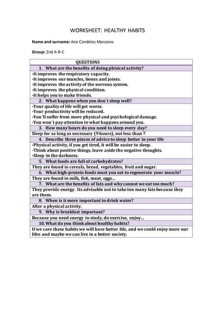 Healthy Habits Worksheet Docx