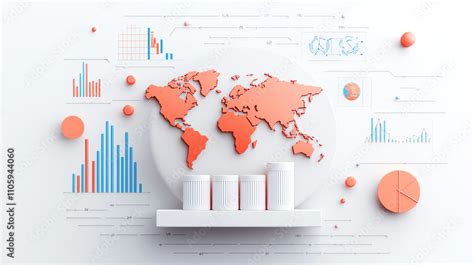 3d Illustration Of World Map With Data Charts And Graphs Highlighting