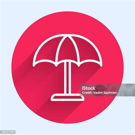 긴 그림자로 고립 된 해변 아이콘을위한 화이트 라인 태양 보호 우산 야외 공간을위한 큰 파라솔 해변 우산 빨간색 원 버튼입니다 벡터 0명에 대한 스톡 벡터 아트 및 기타