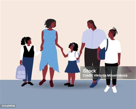 부모와 학령기 자녀가있는 아프리카 가정 학교 준비가있는 평면 벡터 스톡 일러스트 레이 션 가족에 대한 스톡 벡터 아트 및 기타 이미지 가족 고등학교 이하 교육