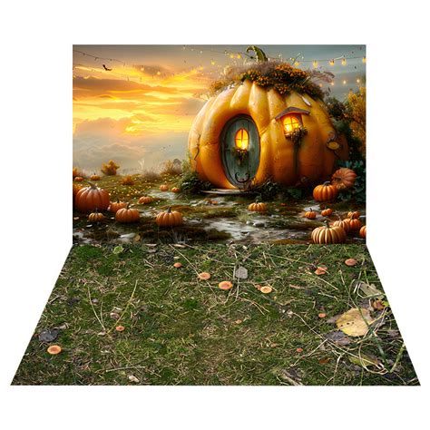 Pumpkin House Fall Backdrop Grass Leaves Floor Backdrop Rr8 531