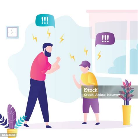 아버지와 아들은 싸울 준비가 되어 있습니다 우울증 가정 폭력 부모 학대 자식 관계 가족 갈등 스트레스 언쟁에 대한 스톡 벡터