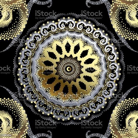 점선 골드 실버 3d 그리스어 벡터 완벽 한 패턴입니다 장식적인 하프톤 배경입니다 빈티지 질감의 꽃 장식 도트 하프 톤 라인 소용돌이 그리스어 키 메 나 즈 장식 라운드