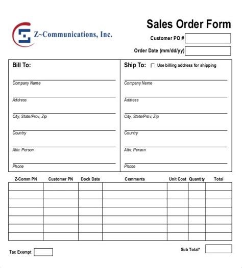 Sales Order Form Template Word