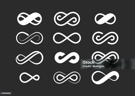 무한대 기호 세트입니다 무한 공간 표지판 루프 디자인 기하학적 곡선 폐쇄 루프 창조적 인 물리적 환상 반원형 디자인 갭과 하나의 코일 요소의 미래 벡터 세련된 예술 0명에