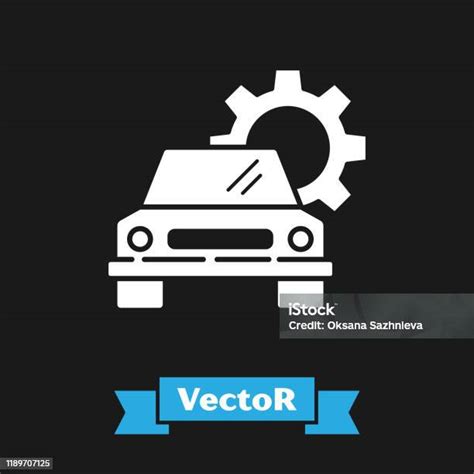 흰색 자동차 서비스 아이콘은 검은 색 배경에 격리 자동 정비사 서비스 수리 서비스 자동차 정비사 유지 보수 기호입니다 벡터
