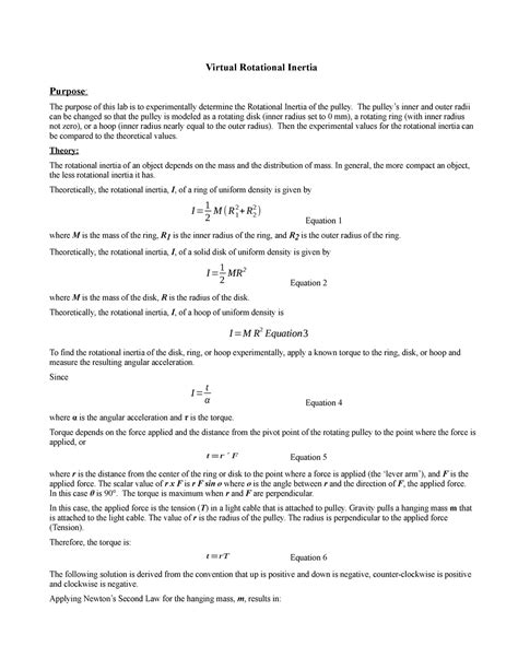 Physics Lab 10 Virtual Rotational Inertia Ng Virtual Rotational Inertia Purpose The