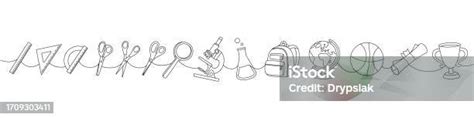 학용품 한 선 그리기 학교로 돌아 가기 가위 눈금자 저울 책가방 지구본 농구공 돋보기 현미경 시험관 0명에 대한 스톡 벡터 아트 및 기타 이미지 Istock