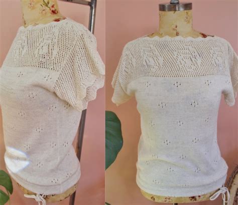 Vintage 1980s Ivory Hand Knit Short Sleeve Sweater Size Small Etsy