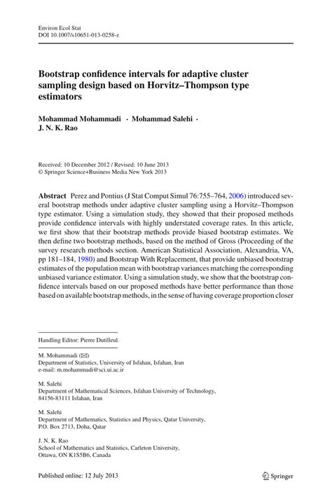 Pdf Bootstrap Confidence Intervals For Adaptive Cluster Sampling Design Based On Horvitz