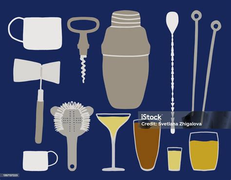 바 장비 셰이커 믹싱 서빙 칵테일 바에서 음료 플랫 및 만화 스타일의 음료의 벡터 세트 2월 6일 전국 바텐더의 날 직장에서