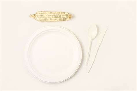 빈 접시 옥수수와 칼붙이 숟가락과 칼을 밝은 배경에 청소하십시오 친환경 생분해성 조리기구 옥수수 전분으로 만든 생태 개념 0명에 대한 스톡 사진 및 기타 이미지 Istock