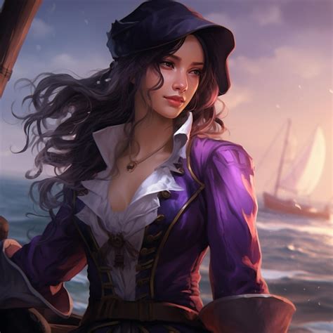 Premium Ai Image Pirate Girl On A Boat With A Ship In The Background