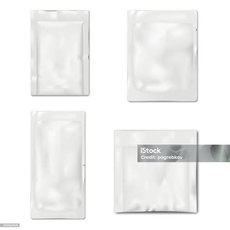 빈 흰색 3 및 4면 씰 봉지 패킷 벡터 모형 세트 플라스틱 종이 또는 호일 파우치 백 템플릿 식품 의료 또는 미용 제품 개별 패키지 키트 모형 모형에 대한 스톡 벡터 아트