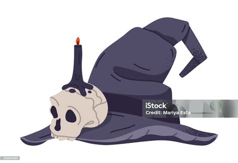 할로윈 마녀 뾰족한 모자 만화 마법사 모자 장식 두개골과 촛불 트릭 또는 치료 10 월 파티 마술 의상 요소 평면 벡터 일러스트 무서운 마술사 모자 0명에 대한 스톡 벡터