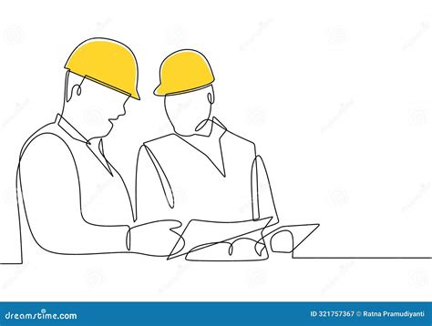 Construction Worker Discuss A Project One Line Drawing Continuous Style Stock Vector