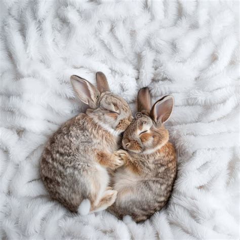 Two Bunnies Cuddling On A Soft White Blanket Stock Illustration