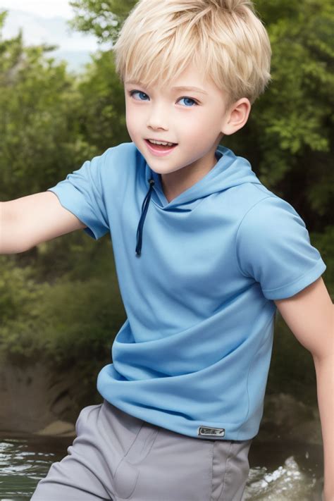 [ai Greem] 그림 남자 229 금발 파란 눈 남자 미소년 캐릭터 실사화 그림 이미지 계곡 물놀이 강가 배경 네이버 블로그