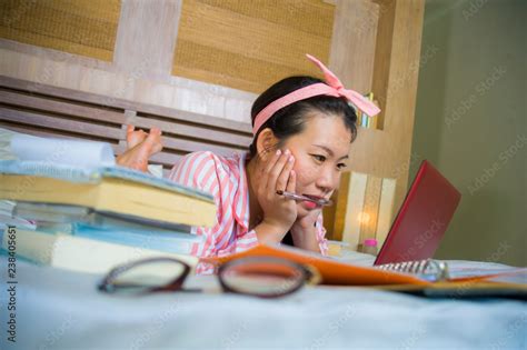 Happy Nerdy Asian Korean Babe Teenager Girl In Nerd Hair Ribbon Studying At Home Bedroom