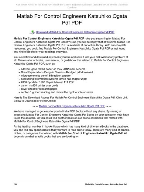 Matlab For Control Engineers Katsuhiko Ogata Pdf Pdf E Books Portable Document Format