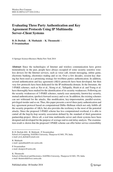Pdf Evaluating Three Party Authentication And Key Agreement Protocols Using Ip Multimedia