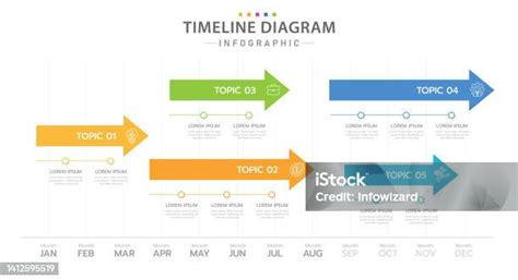 인포 그래픽 12 개월 현대 타임 라인 다이어그램 달력 5 주제 5에 대한 스톡 벡터 아트 및 기타 이미지 5 인포그래픽