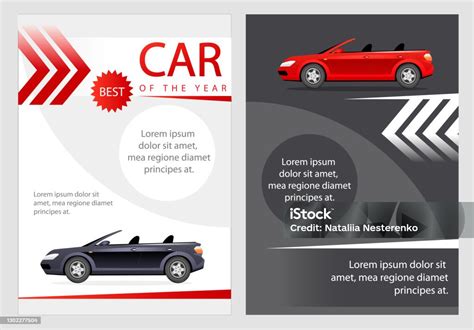 올해의 자동차 플랫 벡터 브로셔 템플릿 프리미엄 클래스 자동차 전단지 소책자 인쇄 가능한 전단지 디자인 고급 교통 잡지 페이지 만화 연례 보고서 텍스트 공간이있는 인포