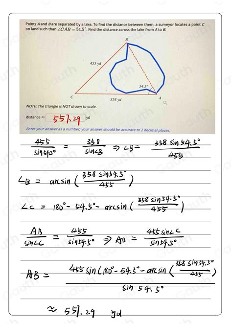 Solved Points A And Bare Separated By A Lake To Find The Distance Between Them A Surveyor