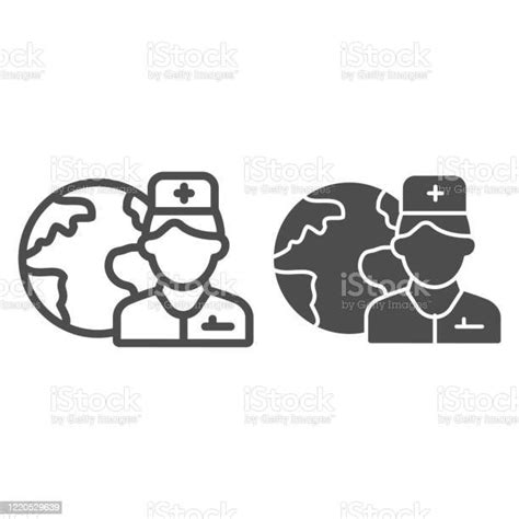 행성 지구와 의사 라인과 단단한 아이콘입니다 코로나 바이러스 전염병 기호에 대한 글로벌 의학 흰색 배경에 스타일 그림을 윤곽