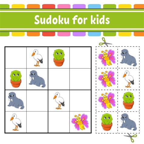 아이들을 위한 스도쿠 교육 개발 워크시트 사진이 있는 활동 페이지 아이들을 위한 퍼즐 게임 논리적 사고 훈련 재미있는 캐릭터 벡터 그림 프리미엄 벡터