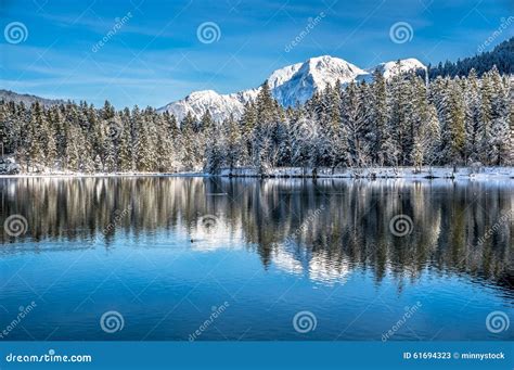 Paisaje Escénico Del Invierno En Las Montañas Bávaras En El Lago