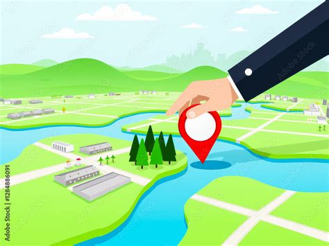Hand Placing A Location Marker On A Map Showing A Tranquil Island With Trees Stock Illustration