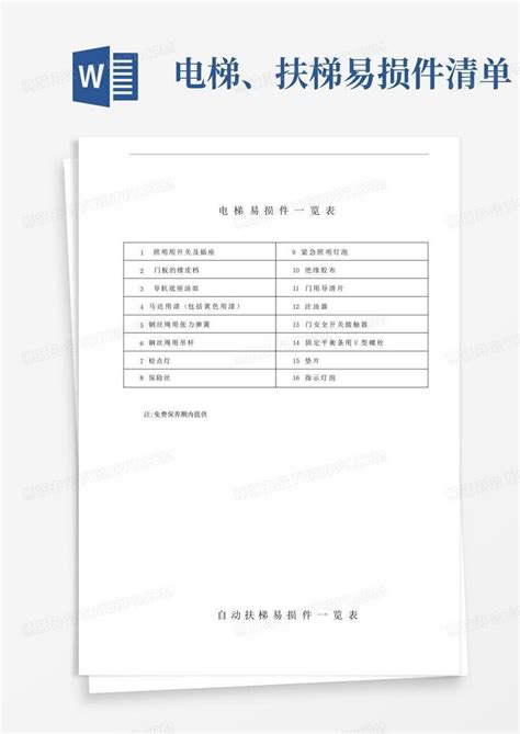 电梯扶梯易损件清单Word模板下载 编号laappodx 熊猫办公