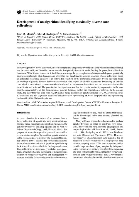 Pdf Development Of An Algorithm Identifying Maximally Diverse Core Collections