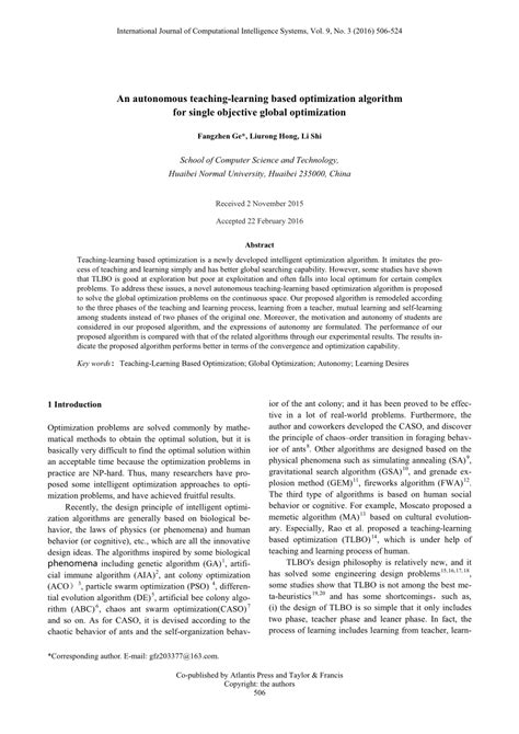 Pdf An Autonomous Teaching Learning Based Optimization Algorithm For Single Objective Global