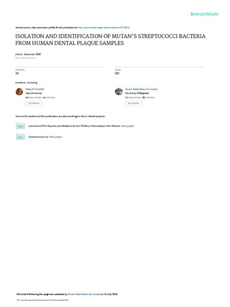 Isolation And Identification Of Mutans Streptococ Pdf Streptococcus Bacteria