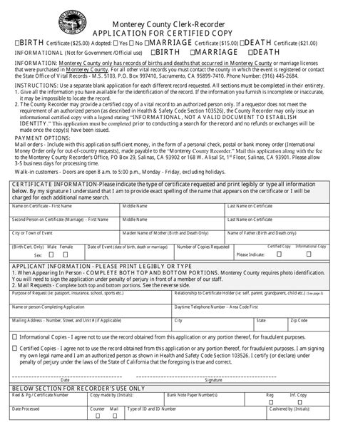 Monterey County California Application For Certified Copy Birth Non