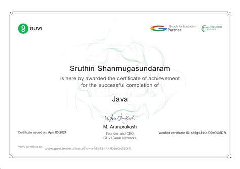 Sruthin S On Linkedin Java Guvi Certification Softwaredevelopment
