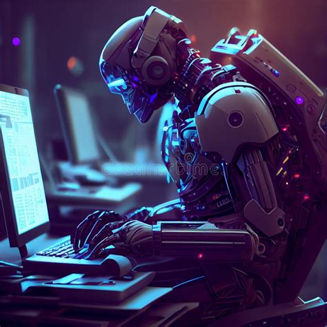 Robot Working In A Office With A Computer Generative Ai Stock Illustration Illustration Of