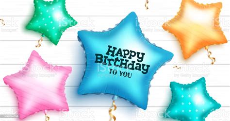 생일 풍선 벡터 디자인 별 풍선 파티 요소의 생일 축하 인사말 텍스트 3차원 형태에 대한 스톡 벡터 아트 및 기타 이미지 3차원 형태 풍선 목재 재료 Istock