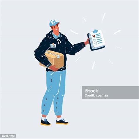 소포 상자와 체크리스트 태블릿 격리 배경 만화 벡터 일러스트와 배달 남자 우편에 대한 스톡 벡터 아트 및 기타 이미지 우편 개념 남자 Istock