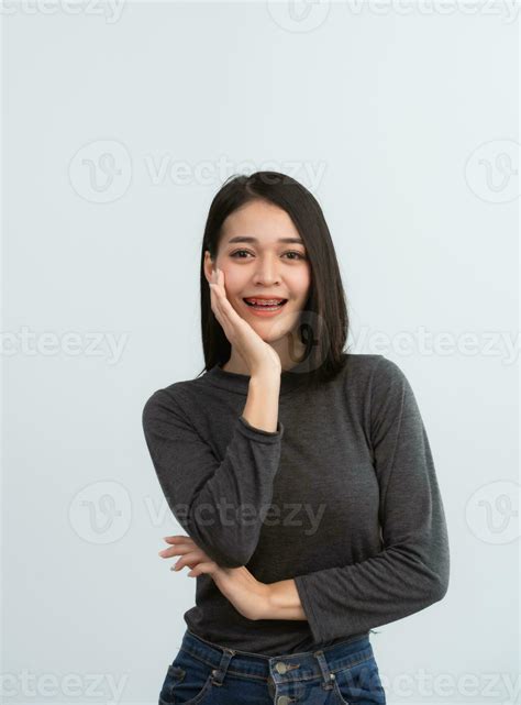 Asian Woman Braces Teeth Braces On The White Teeth Of Women To Equalize The Teeth Bracket