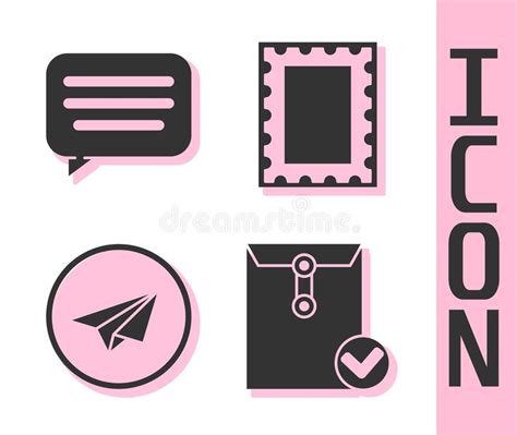 Set Envelope And Check Mark Speech Bubble Chat Paper Plane And Postal Stamp Icon Vector Stock