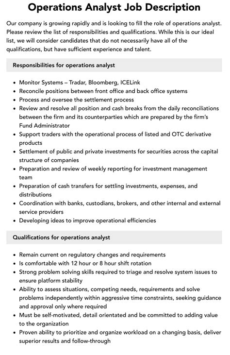 Operations Analyst Job Description Velvet Jobs